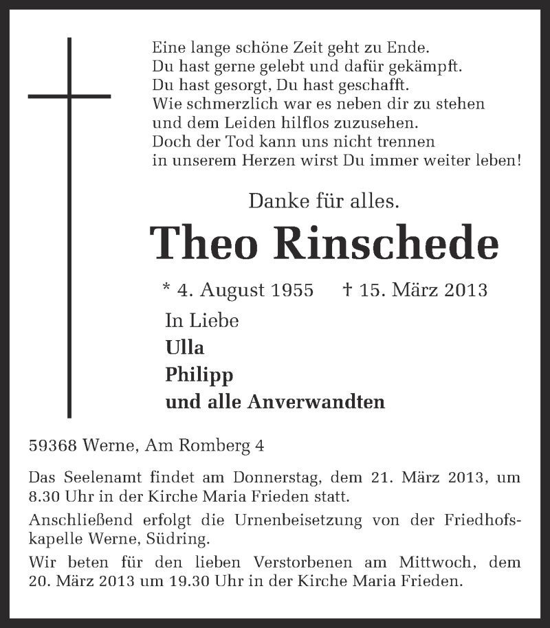 Traueranzeigen von Theo Rinschede | sich-erinnern.de