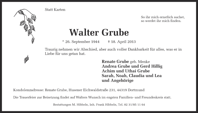 Traueranzeigen von Walter Grube | sich-erinnern.de