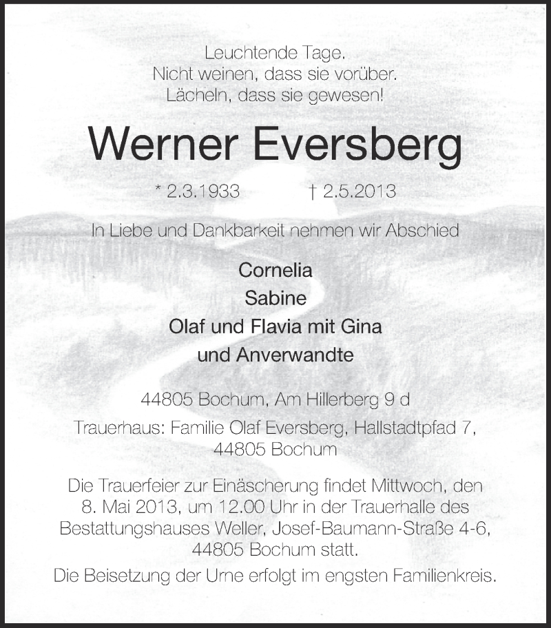 Traueranzeigen von Werner Eversberg | sich-erinnern.de