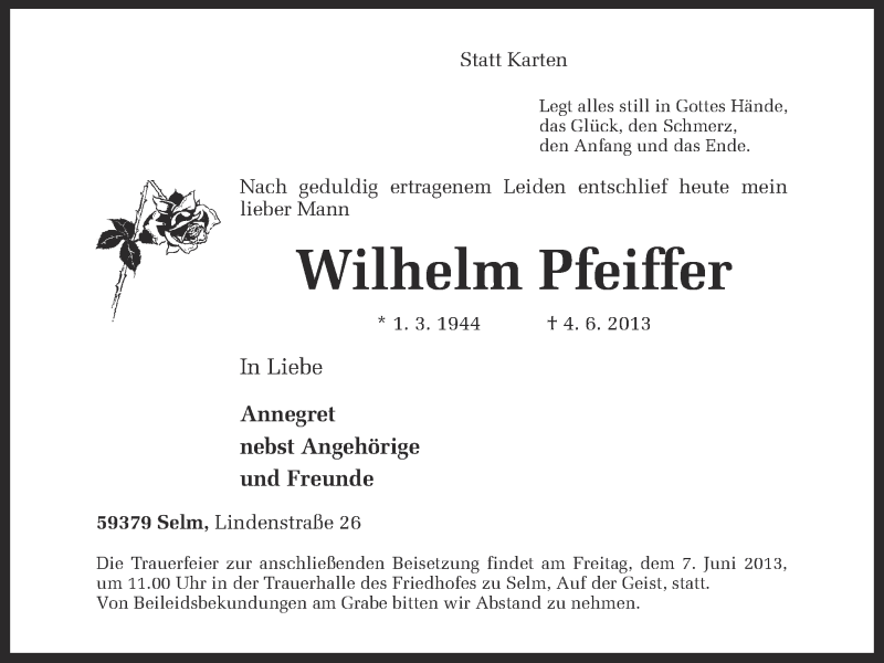 Traueranzeigen von Wilhelm Pfeiffer | sich-erinnern.de