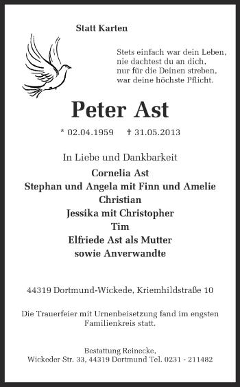 Traueranzeigen von Peter Ast | sich-erinnern.de