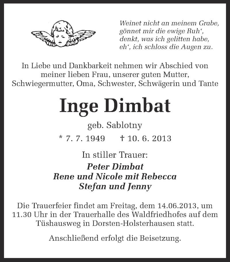 Traueranzeigen von Inge Dimbat | sich-erinnern.de