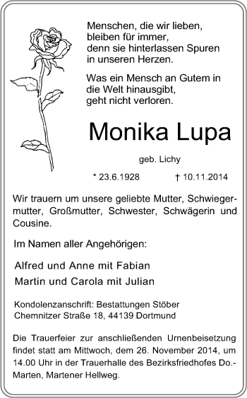 Traueranzeigen von Monika Lupa | sich-erinnern.de