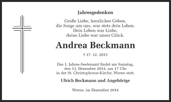 Traueranzeigen von Andrea Beckmann | sich-erinnern.de