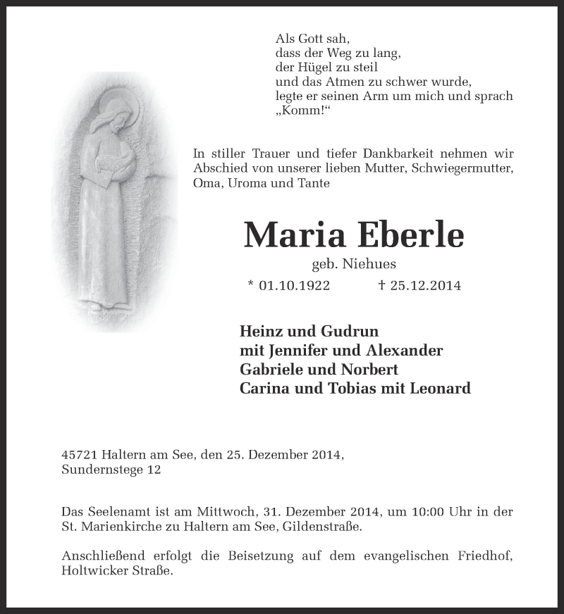 Traueranzeigen von Maria Eberle | sich-erinnern.de