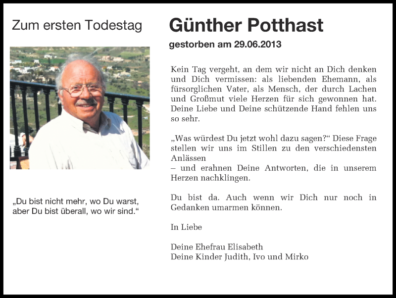 Traueranzeigen von Günther Potthast | sich-erinnern.de