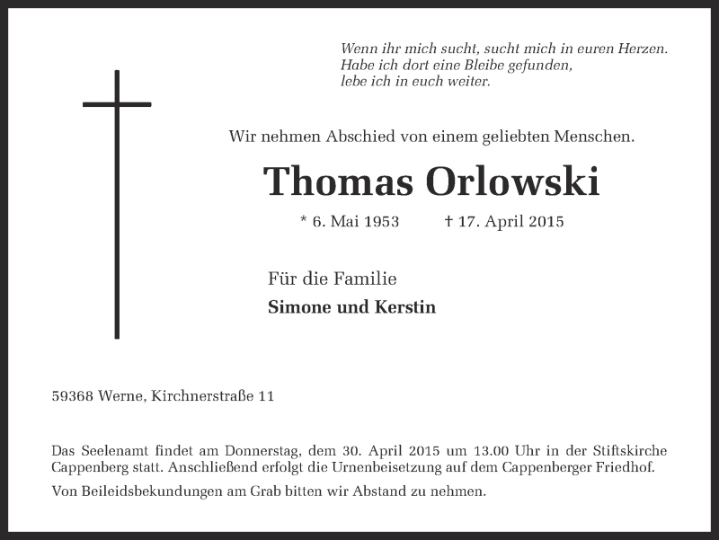 Traueranzeigen von Thomas Orlowski | sich-erinnern.de
