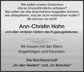 Traueranzeigen von Ann-Christin Hahn | sich-erinnern.de