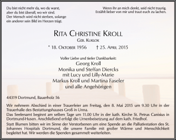 Traueranzeigen von Rita Christine Kroll | sich-erinnern.de