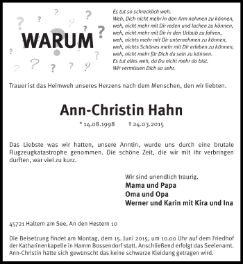 Traueranzeigen von Ann-Christin Hahn | sich-erinnern.de