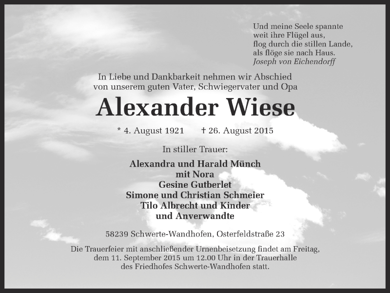 Traueranzeigen von Alexander Wiese | sich-erinnern.de