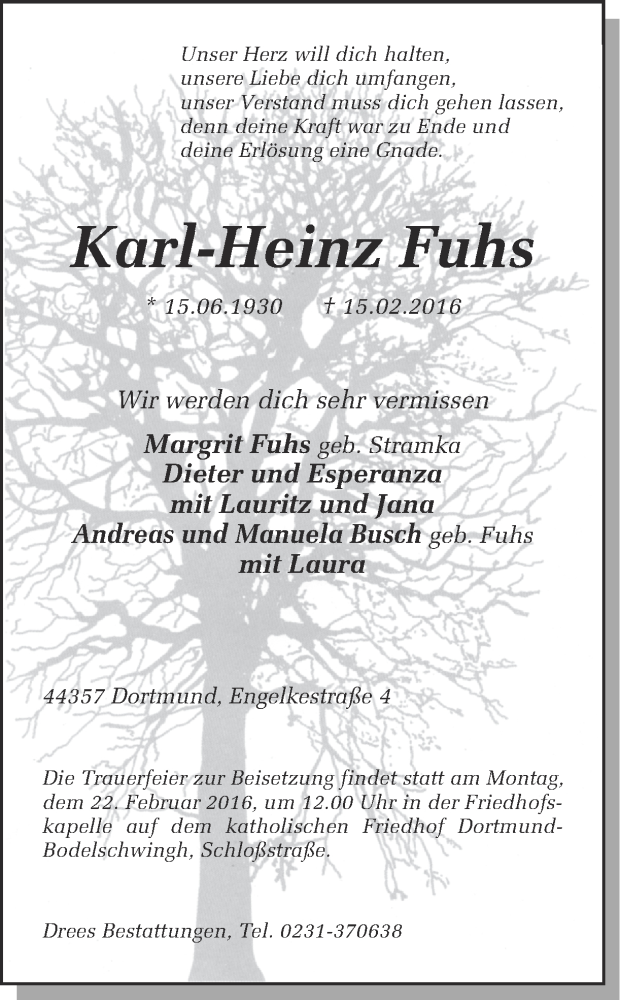 Traueranzeigen von Karl-Heinz Fuhs | sich-erinnern.de