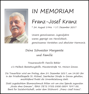 Traueranzeigen von Franz-Josef Kranz | sich-erinnern.de