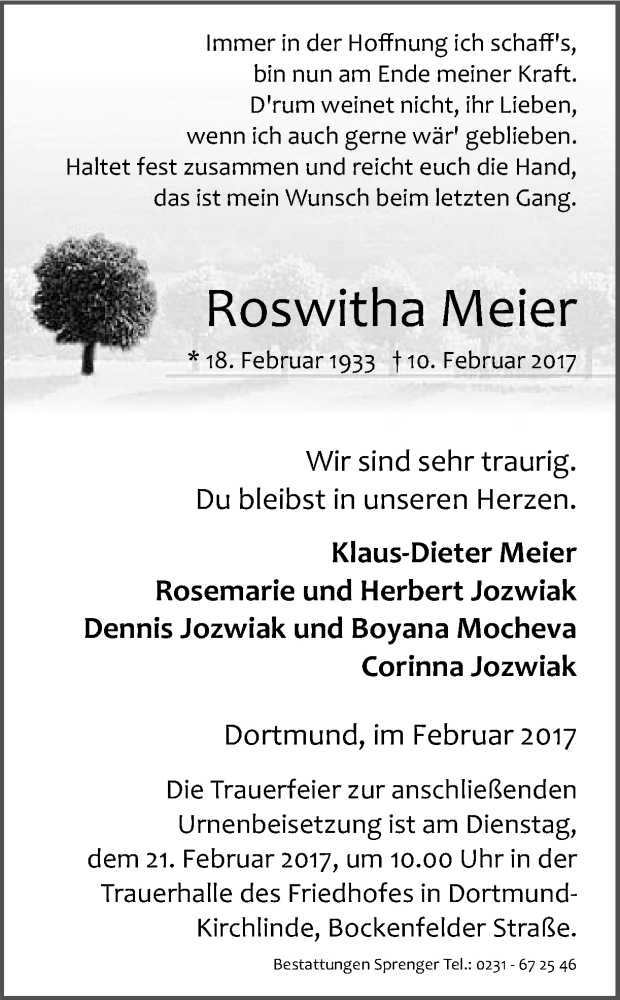 Traueranzeigen von Roswitha Meier | sich-erinnern.de