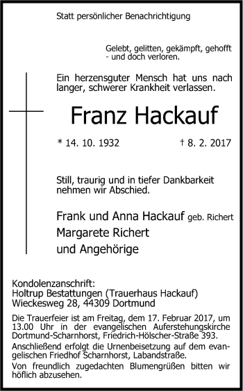 Traueranzeigen von Franz Hackauf | sich-erinnern.de