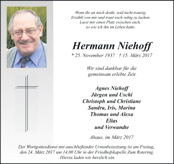 Traueranzeigen von Hermann Niehoff | sich-erinnern.de