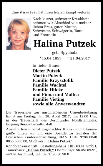 Traueranzeigen von Halina Putzek | sich-erinnern.de