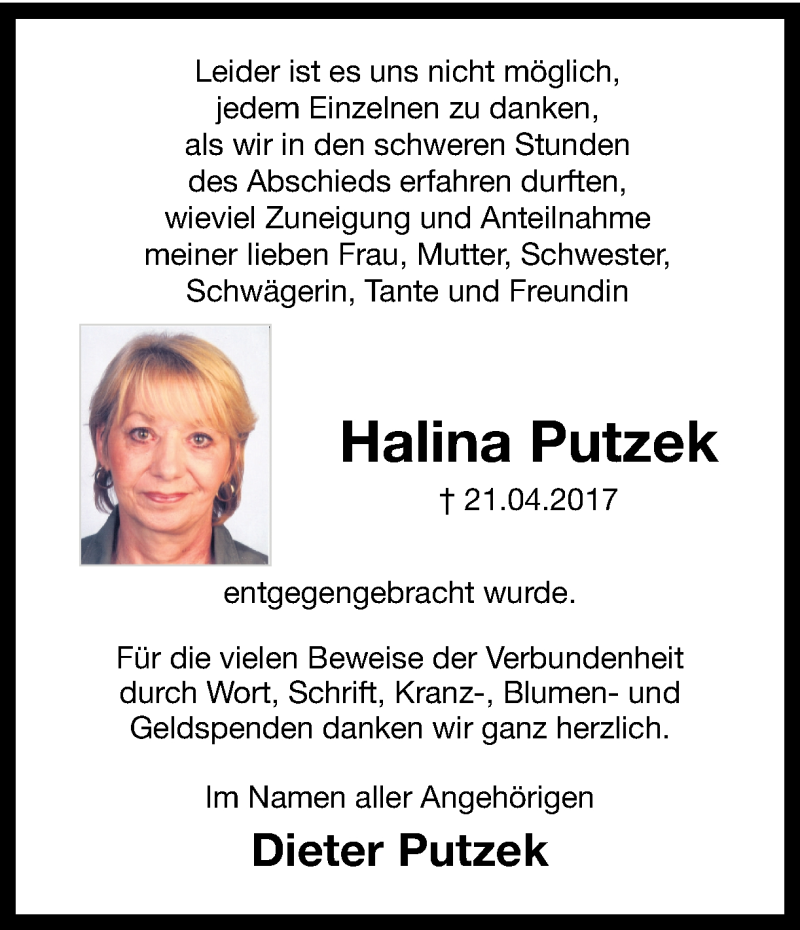 Traueranzeigen von Halina Putzek | sich-erinnern.de