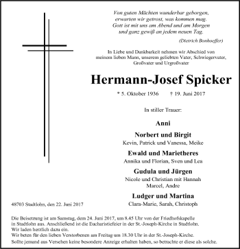 Traueranzeigen von Hermann-Josef Spicker | sich-erinnern.de