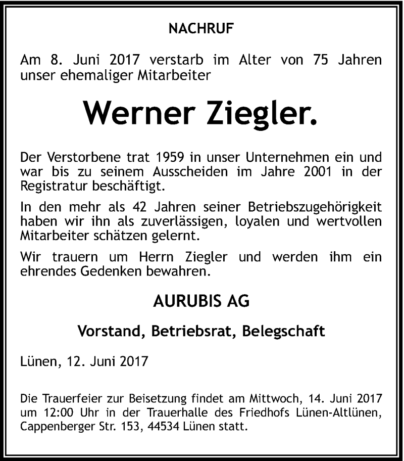 Traueranzeigen von Werner Ziegler | sich-erinnern.de