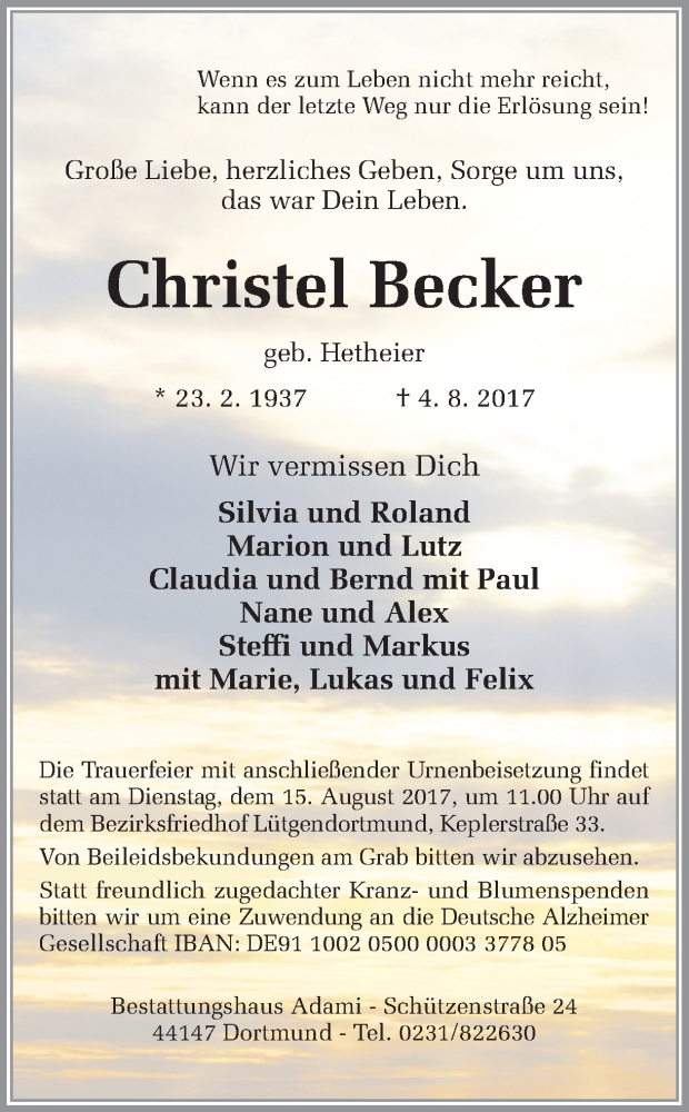 Traueranzeigen von Christel Becker | sich-erinnern.de