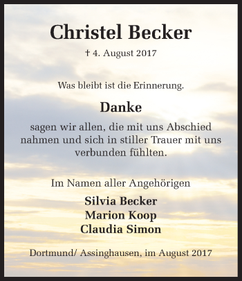 Traueranzeigen von Christel Becker | sich-erinnern.de