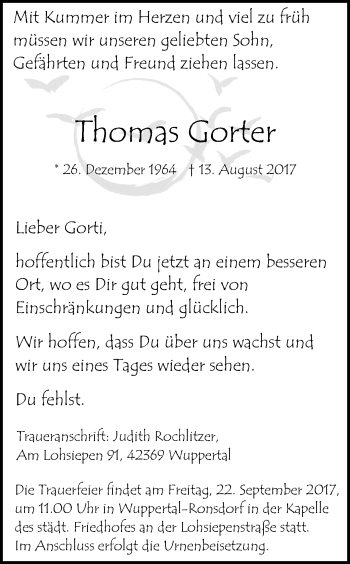 Traueranzeigen von Thomas Gorter | sich-erinnern.de