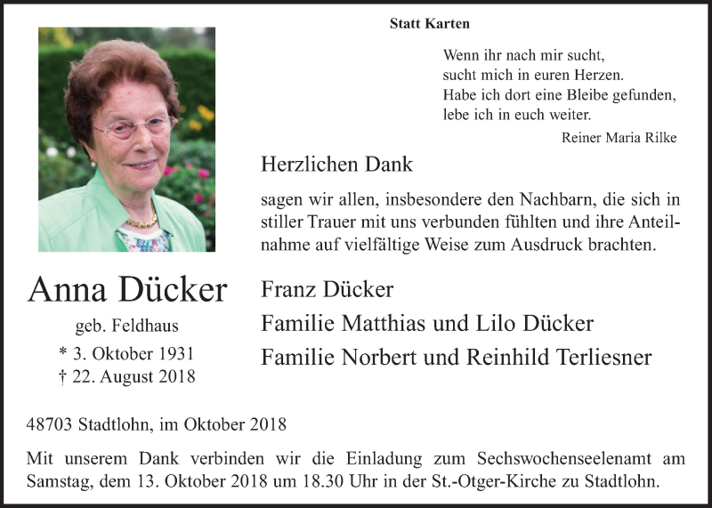 Traueranzeigen von Anna Dücker | sich-erinnern.de