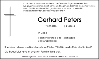 Traueranzeigen von Gerhard Peters | sich-erinnern.de