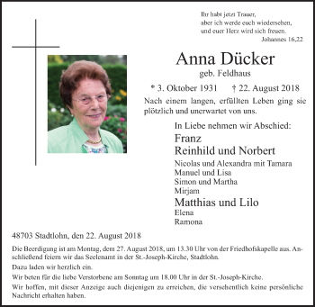 Traueranzeigen von Anna Dücker | sich-erinnern.de