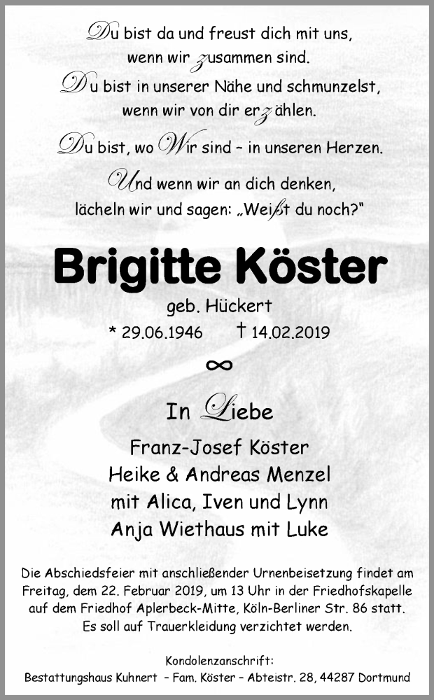 Traueranzeigen von Brigitte Köster | sich-erinnern.de