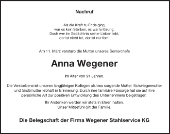 Traueranzeigen von Anna Wegener | sich-erinnern.de