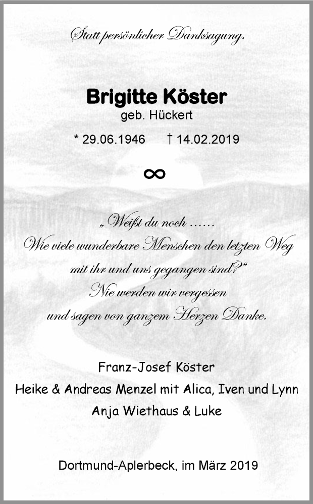 Traueranzeigen von Brigitte Köster | sich-erinnern.de
