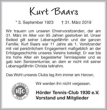 Traueranzeigen von Kurt Baars | sich-erinnern.de