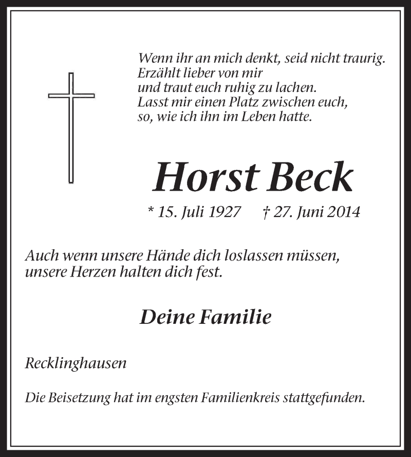 Traueranzeigen von Horst Beck | sich-erinnern.de