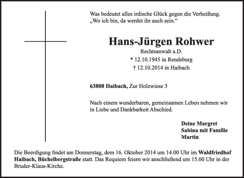 Traueranzeigen von Hans-Jürgen Rohwer | sich-erinnern.de
