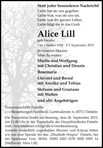 Traueranzeigen von Alice Lill | sich-erinnern.de