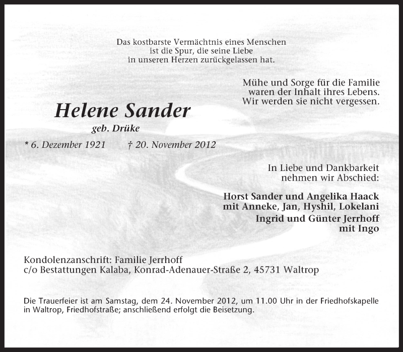 Traueranzeigen von Helene Sander | sich-erinnern.de