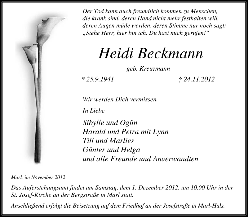 Traueranzeigen von Heidi Beckmann | sich-erinnern.de