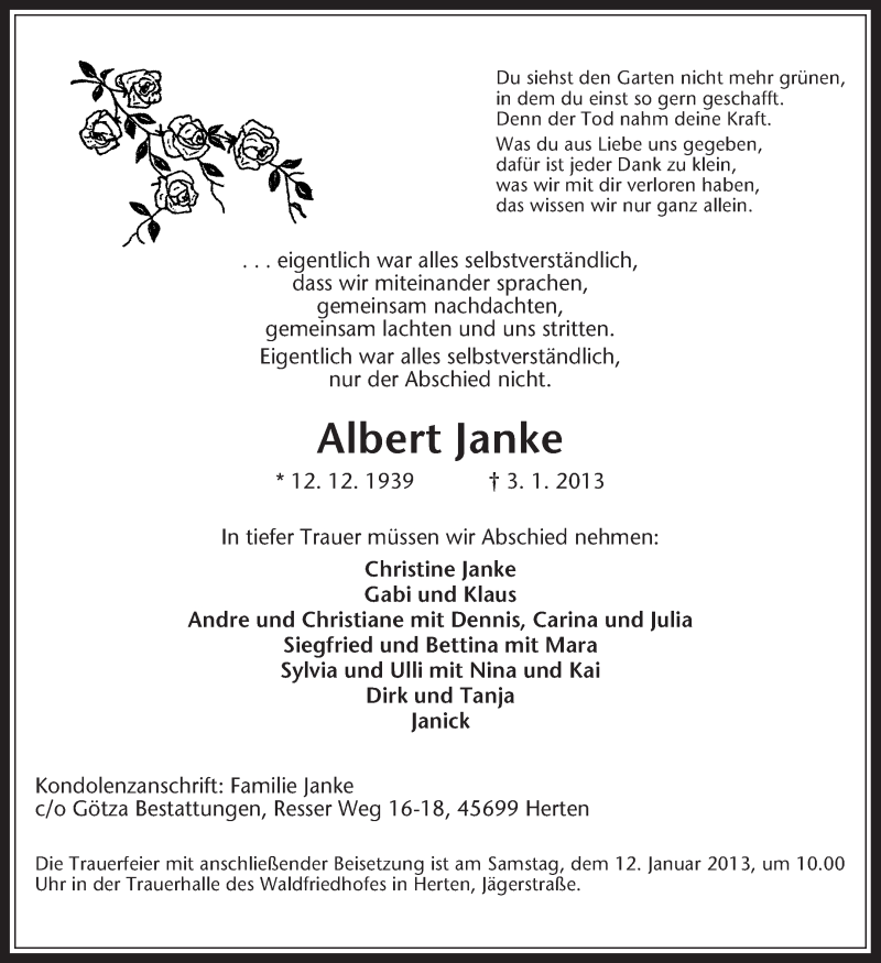 Traueranzeigen von Albert Janke | sich-erinnern.de