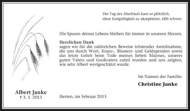 Traueranzeigen von Albert Janke | sich-erinnern.de