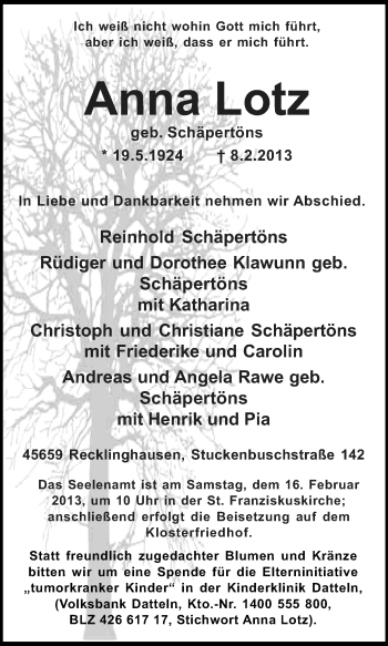 Traueranzeigen von Anna Lotz | sich-erinnern.de