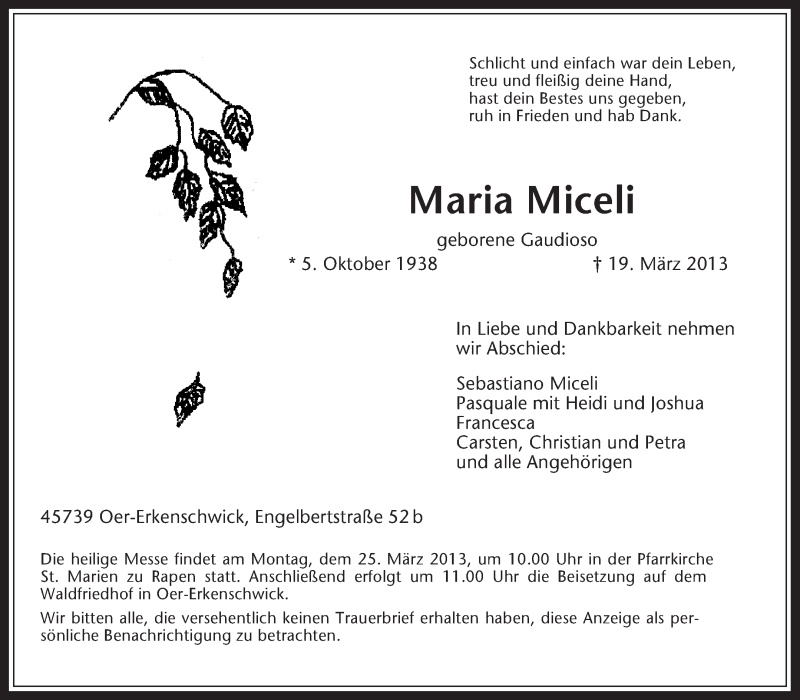Traueranzeigen von Maria Miceli | sich-erinnern.de