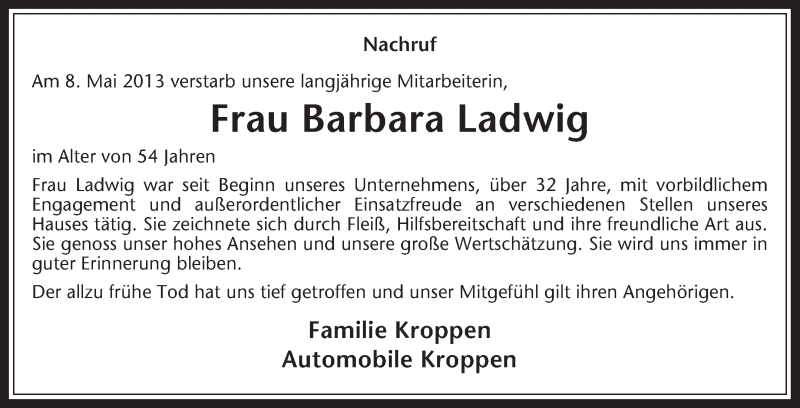 Traueranzeigen von Barbara Ladwig | sich-erinnern.de