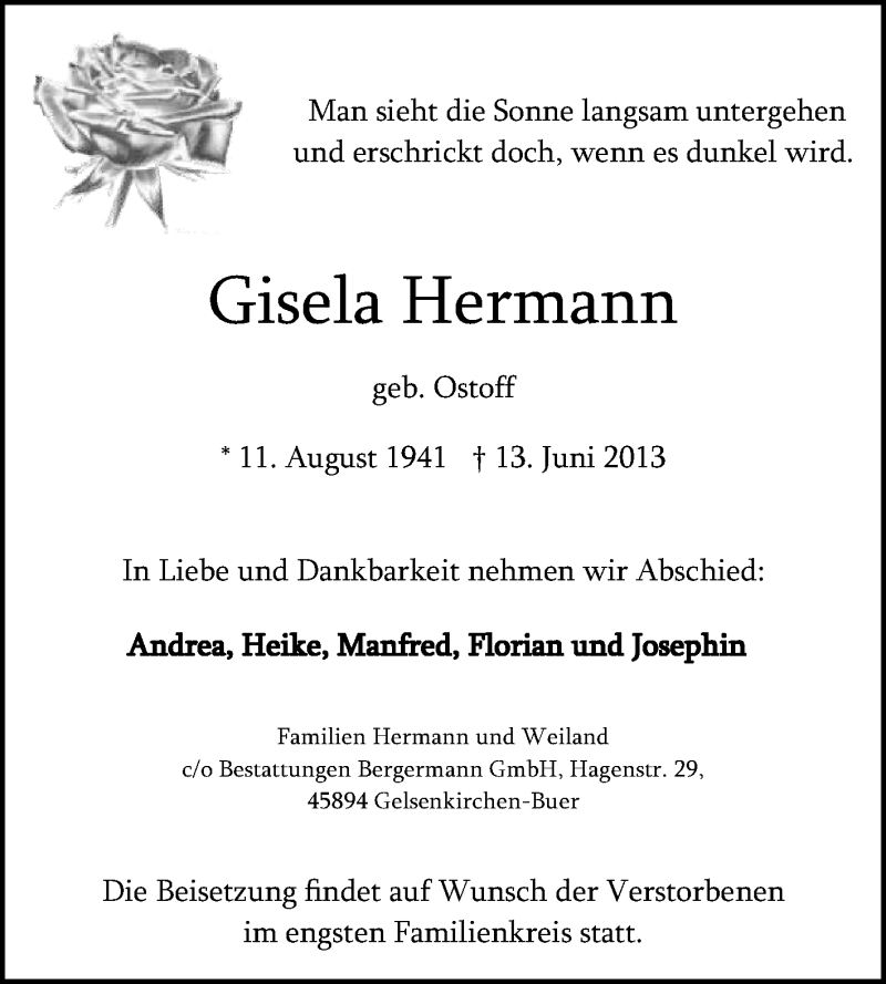 Traueranzeigen von Gisela Hermann | sich-erinnern.de