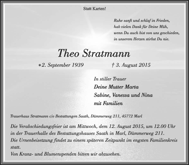 Traueranzeigen von Theo Stratmann | sich-erinnern.de
