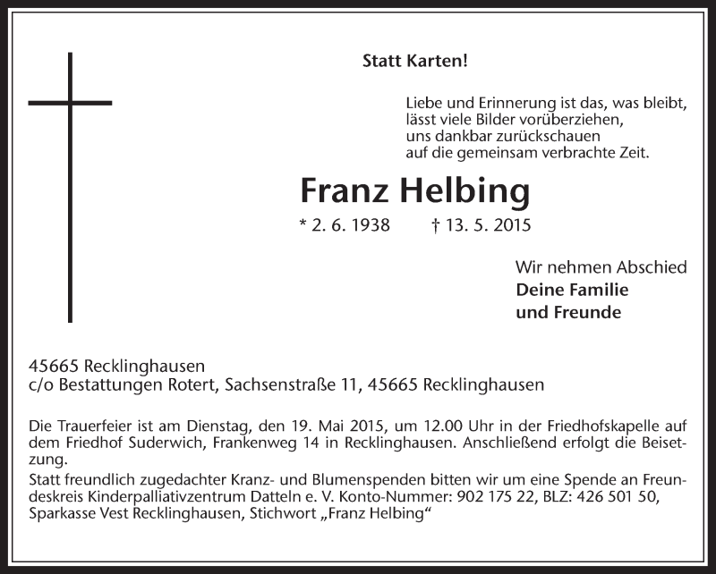 Traueranzeigen von Franz Helbing | sich-erinnern.de