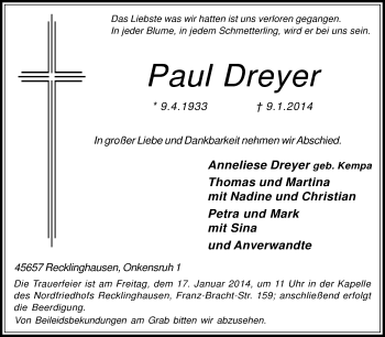 Traueranzeigen von Paul Dreyer | sich-erinnern.de