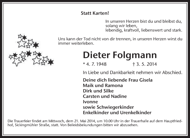 Traueranzeigen von Dieter Folgmann | sich-erinnern.de