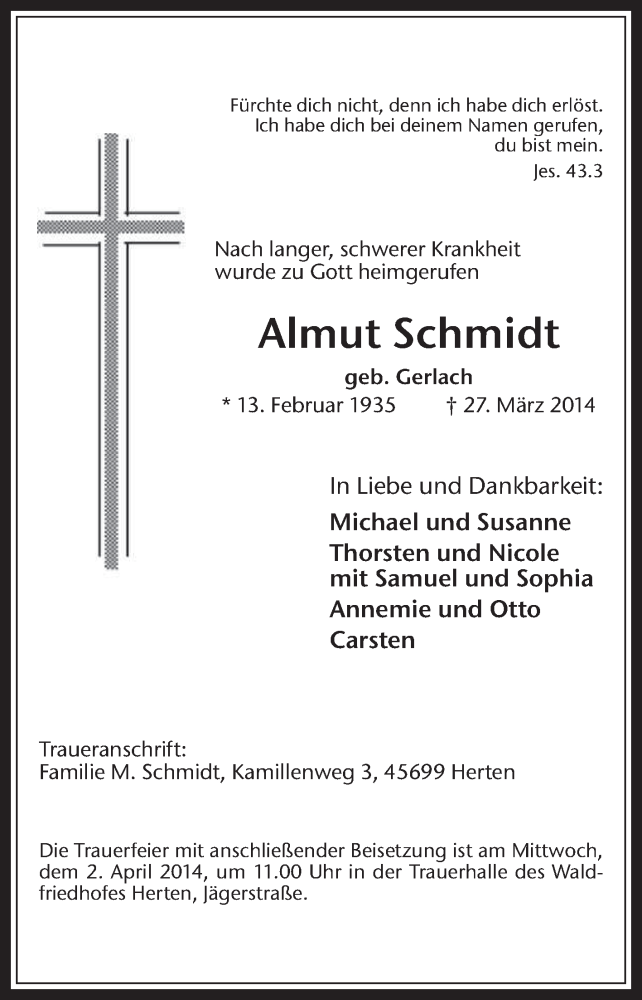 Traueranzeigen von Almut Schmidt | sich-erinnern.de